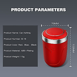 BALUME Car Ashtray with Lid, Portable Ashtray for Car, Mini Car Trash Can, Detachable Stainless Steel Smokeless Ash Tray with LED Blue Light, Windproof for Outdoor Travel Home Use (Red)