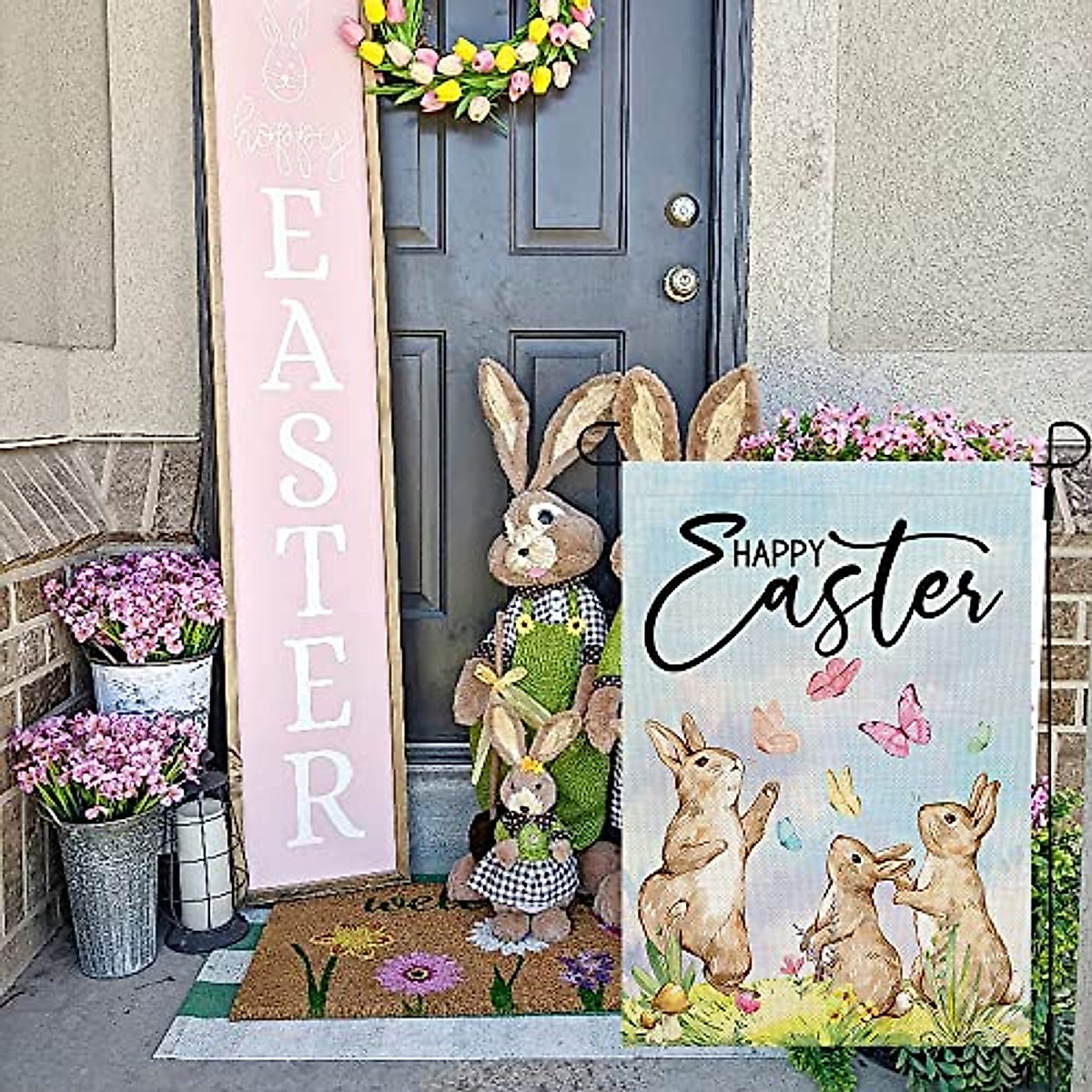 CROWNED BEAUTY Happy Easter Bunnies Garden Flag 12X18 Inch Small Double Sided for Outside Burlap Butterflies Yard Holiday Decoration CF759-12