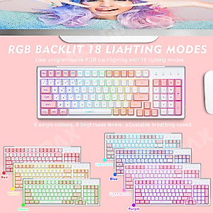 GK98 Wireless Gaming Keyboard,2.4G Rechargeable RGB White Backlit Ergonomic 98 keys Mechanical Feeling Dual Color Keyboard for Office Windows Mac PC Xbox PS4 Gamer(WhitePink)