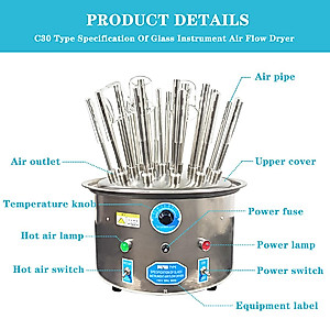 FENROSLY Lab Glassware Dryer with 30pcs Drying Pipes, Electric Air Flow Drying Rack for Glass Test Tubes and Beakers, Stainless Steel Drying Machine Lab Cleaning Equipment 110V