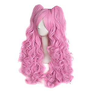 MapofBeauty 28"/70cm Lolita Long Curly Clip On Ponytails Cosplay Wig(Pink)