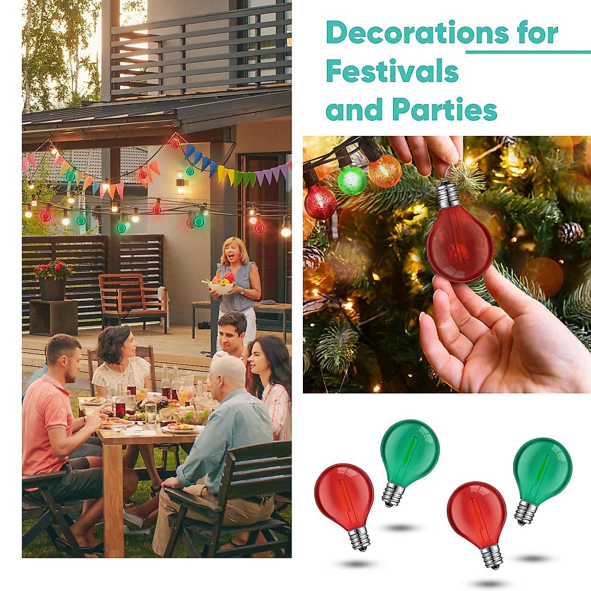 LEIFIDE 100 Pcs G40 LED Light Bulbs Replacement 1W Globe Bulbs Outdoor LED Light Bulb Fits C7 and E12 Candelabra Screw Base Sockets LED String Light Bulbs Shatterproof Bulbs, 2700k(Red, Green)