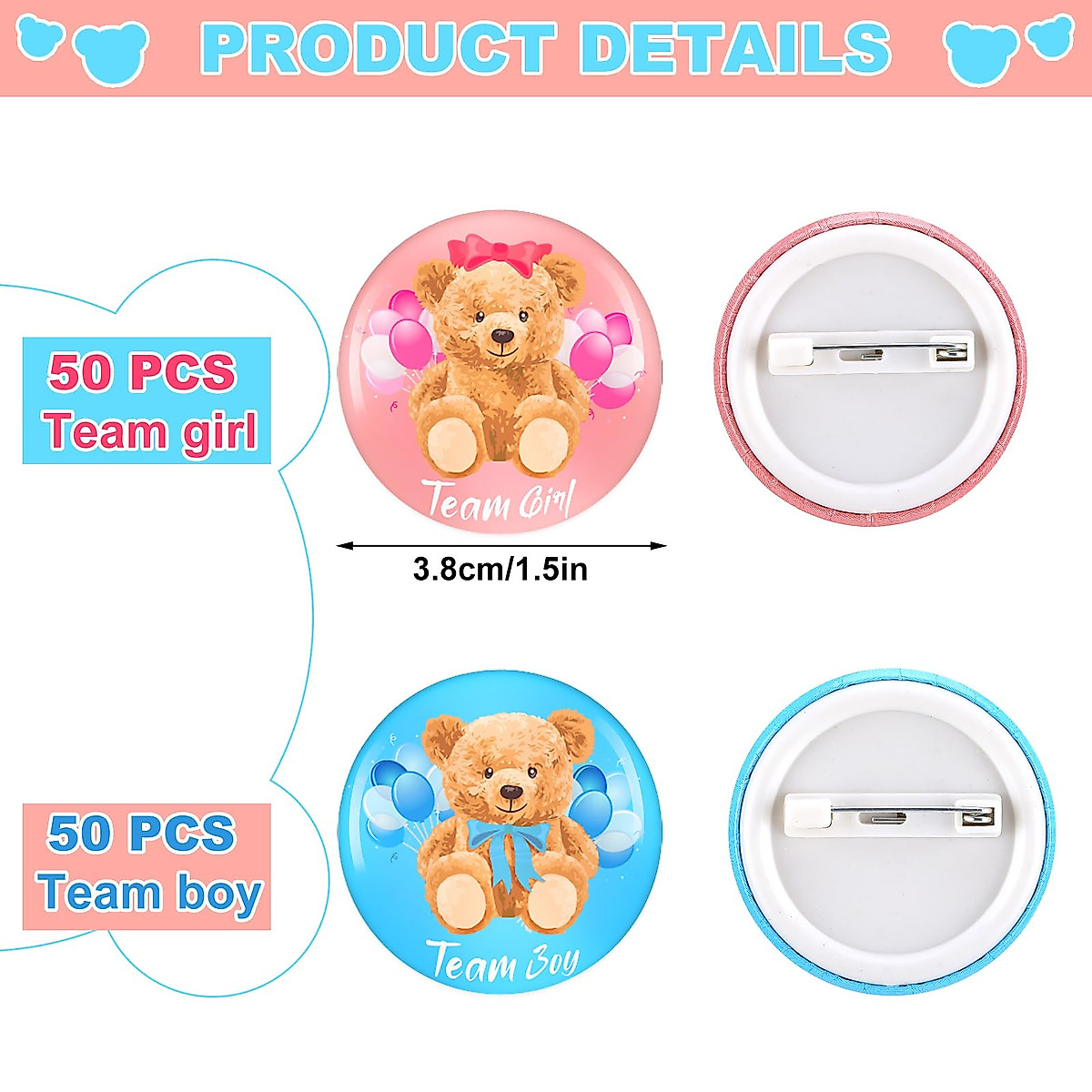 Dingion 100 Pcs Bear Baby Shower Gender Reveal Buttons Team Pink Blue Gender Reveal Button Pins Watercolor Baby Shower Badges Pins for Gender Reveal Baby Shower Party Game Supplies, 1.5 Inches