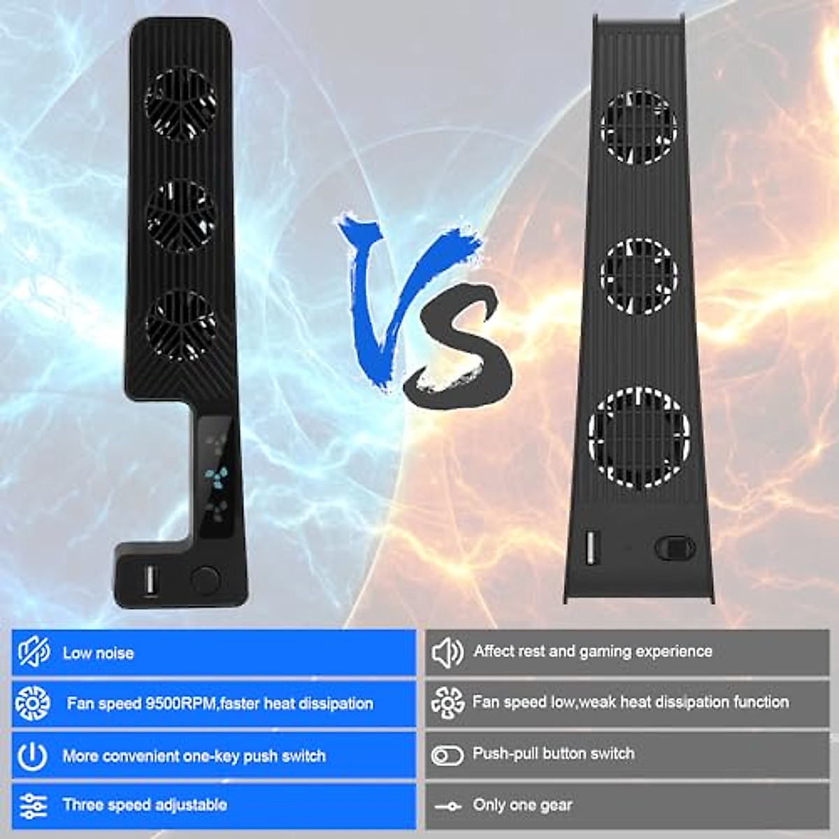 PS5 Slim Cooling Fan, SIKEMAY New PlayStation 5 Slim Console Accessories Cooler with USB Port and 3 Adjustable Quiet 9500-Speed Fans, Cool LED Light for PS5 Slim Digital/Disc Edition System (Black)