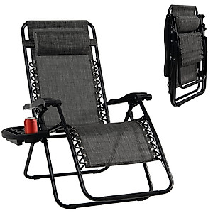 Tangkula Zero Gravity Chair, Folding Patio Lounge Chair Adjustable Outdoor Recliner with Cup Holder, Wide Armrest for Patio Garden Poolside Outdoor Yard Beach, Support 350 lbs (1, Grey)