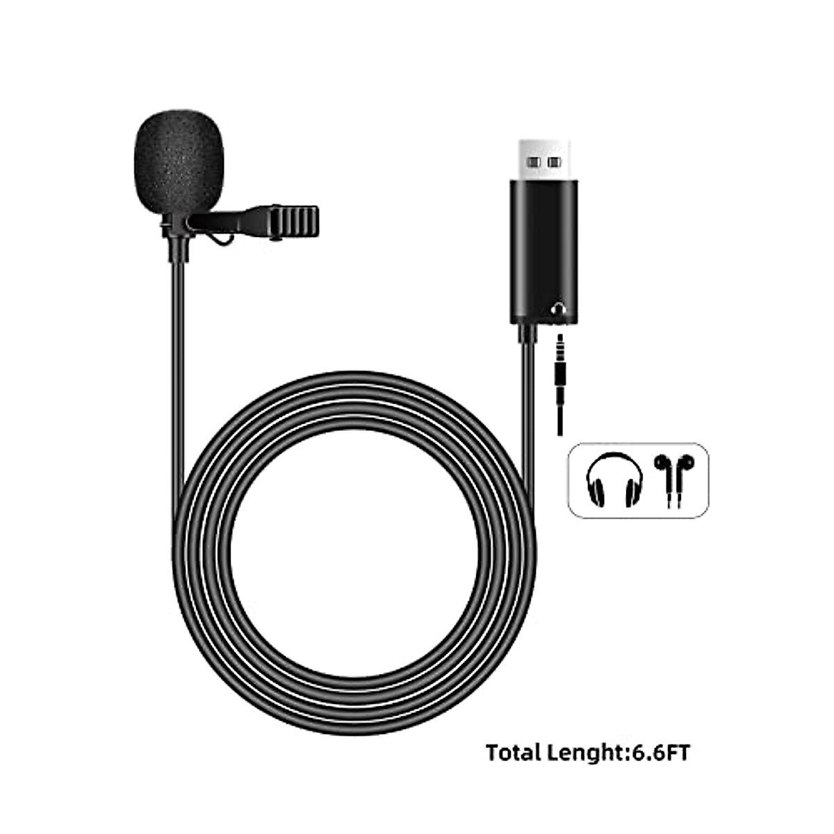 USB Lavalier Microphone, 6.6FT Onidirectional Condenser Lapel Mic with Headphones Jack for Audio Video Recording, YouTube, Interview, Tiktok, PC, Computer, Mac, Gaming, Podcasting, Live Streaming