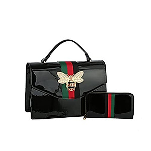 PMWHOLESALEUSA Metallic Monogrammed Queen Bee Stripe 2-in-1 Boxy Satchel PMTD-0009W (Black)