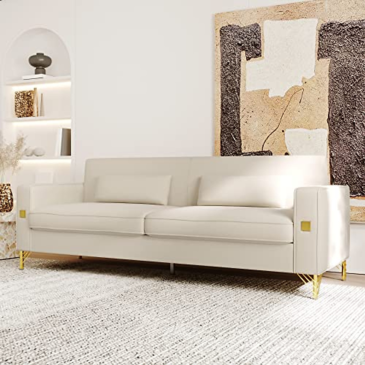 Lostcat Velvet Sofa Couch Mid Century Modern Upholstered 3-Seater Loveseat with 2 Pillows and Armrest for Living Room, Apartment and Small Space, Cream White
