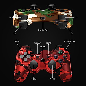 BUERTT PS3 Controller Wireless 2 Pack,Upgraded Remote Controller for PS3,6-Axis Motion,Double Vibration,USB Charging Cable (Camo Red and Camo Green)