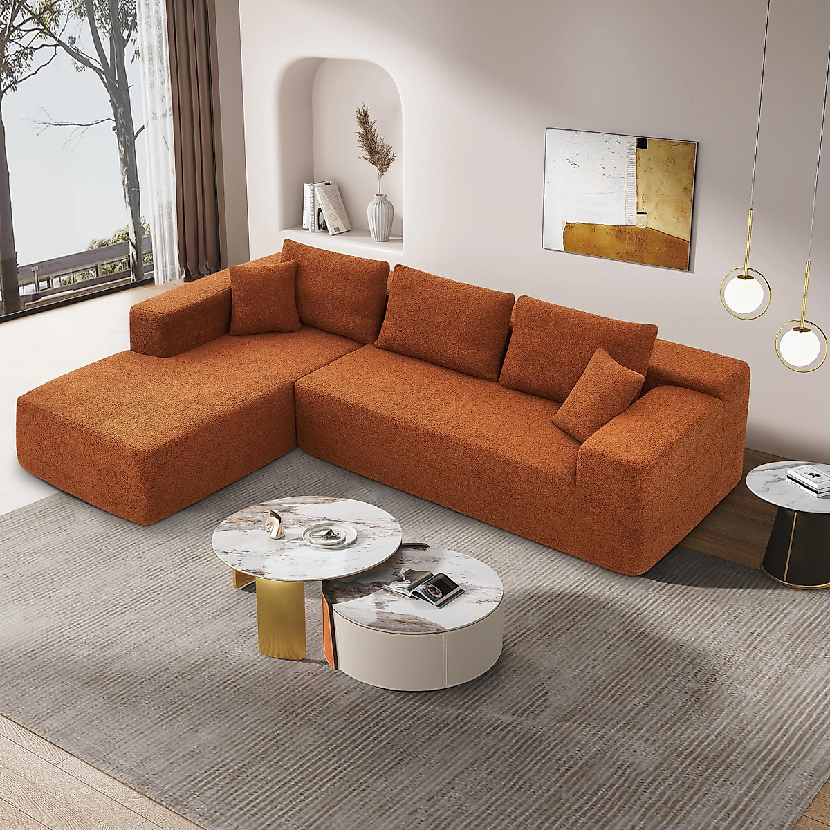 BAMOOLI 104'' Modular Sectional Couch, Modern L-Shape Sectional Sofa with Chaise Lounge, Comfy Lambswool Fabric Corner Sofa Couch, Upholstered 5 Seater Couch for Living Room, Bedroom, Apartment,Orange