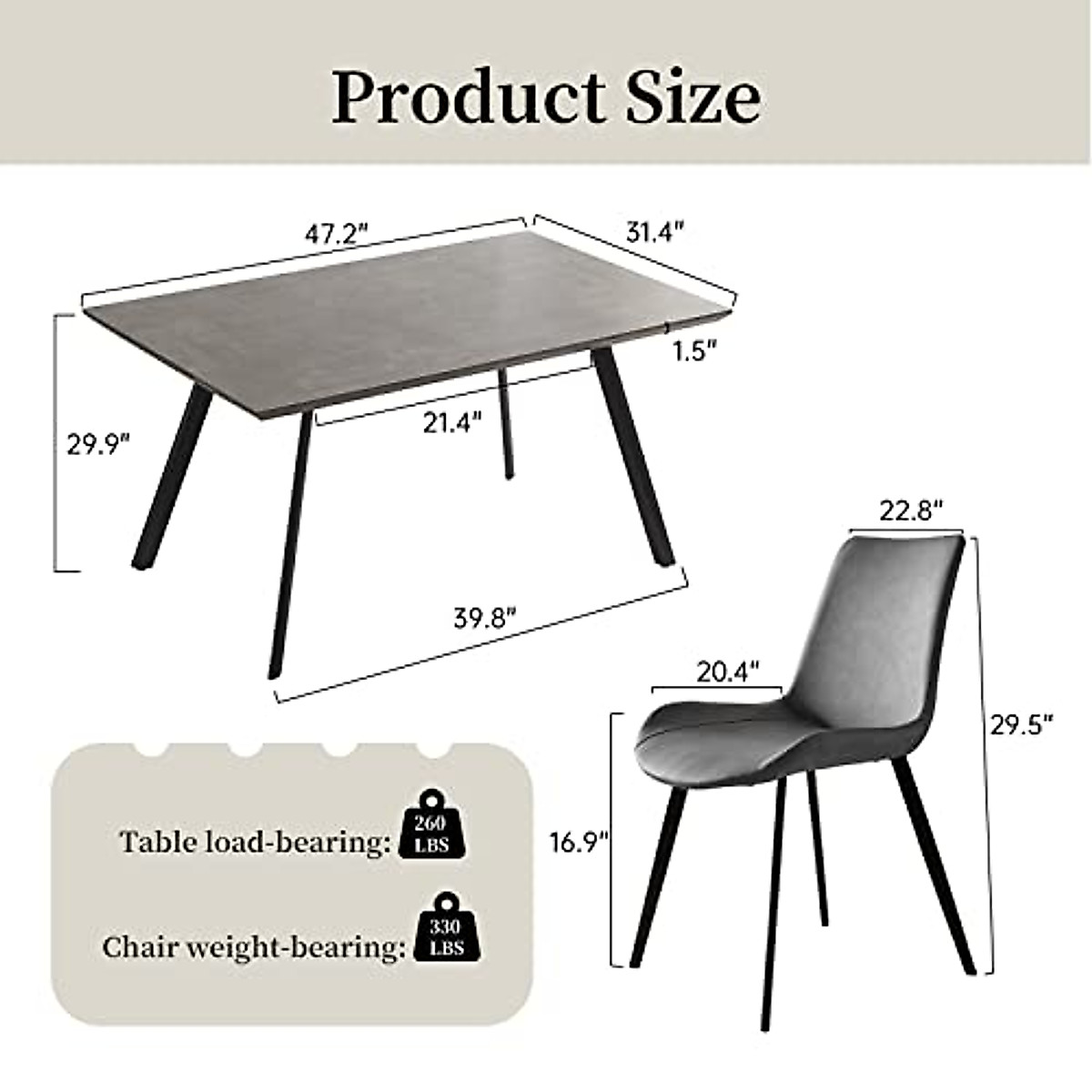 ZckyCine Modern mid-Century Dining Table 5-Piece Kitchen Table Set for 4 People Rectangular Solid Wood Dining Table with 4 upholstered Leather Chairs