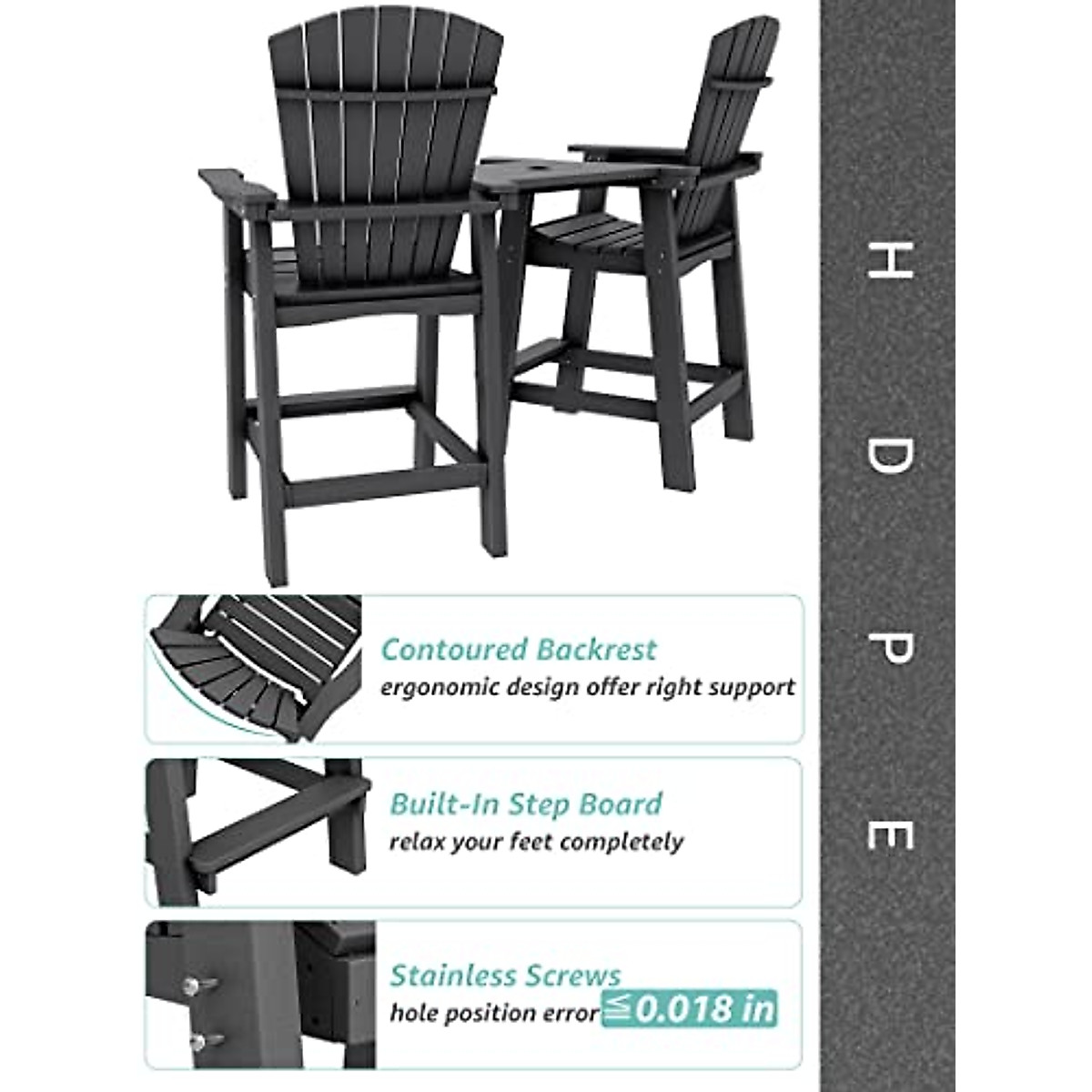 KINGYES Balcony Chair Tall Adirondack Chair Set of 2 Outdoor Adirondack Barstools with Connecting Tray - Patio Stools Weather Resistant for Deck Balcony Pool Backyard, Gray