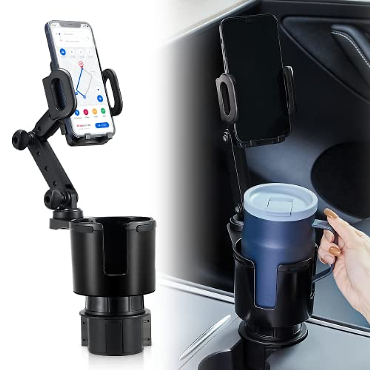 Car Cup Holder Expander Adjustable Base with Phone Mount THIS HILL 360° Rotation Cup Holder Cell Phone Holder for Car Compatible with iPhone/Samsung All Smartphones
