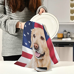ALAZA Golden Retriever and American Flag Kitchen Towels Absorbent Dish Towels Soft Wash Clothes for Drying Dishes Cleaning Towels for Home Decorations Set of 4, 28 X 18 Inch