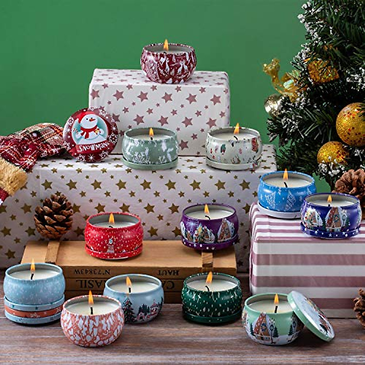 YIH Christmas Scented Candles Gift Sets, Natural Soy Wax 2.5 Oz Unit Portable Travel Tin Perfect for Women Anniversary - 12 Pack