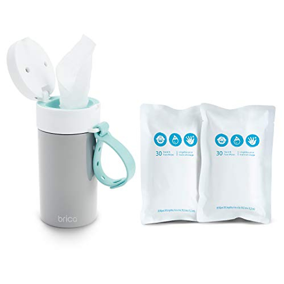 Brica Clean-to-Go Wipes Container Starter Pack, Includes 60 Unscented Hand & Face Baby Wipes, 99% Water Wipes with Chamomile & Aloe