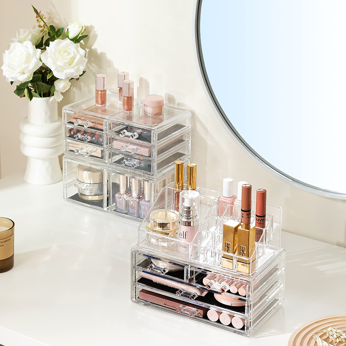 HBlife Acrylic Clear Dustproof Makeup Storage Organizer Drawers Large Skin Care Cosmetic Display Cases for Bathroom Stackable Storage Box with 12 Drawers for Vanity (Clear)