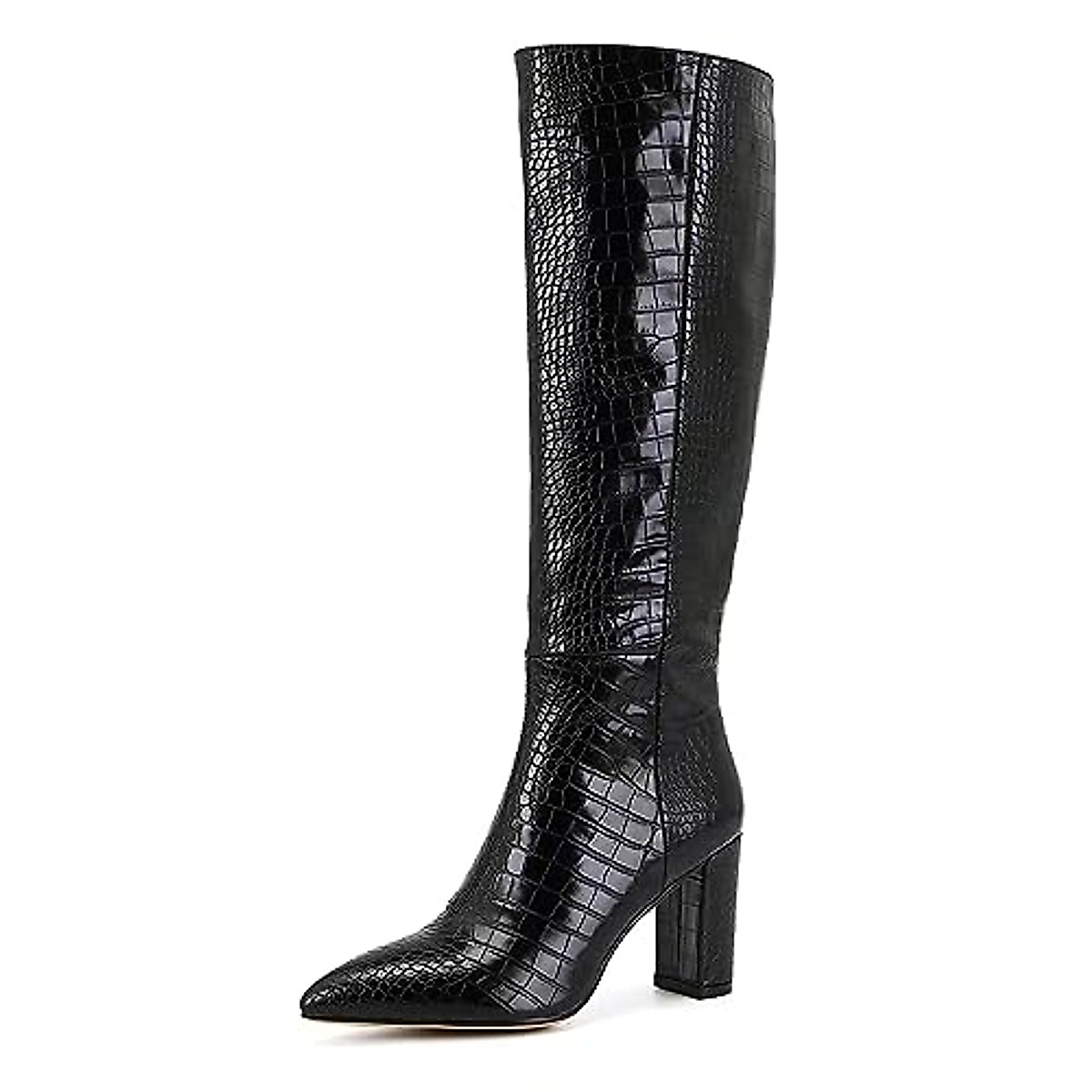 QXYRAUF Knee High Boots Women's Faux Crocodile long boots high heel boots GoGo Tall Boots Block Heel Pointed Toe Boots