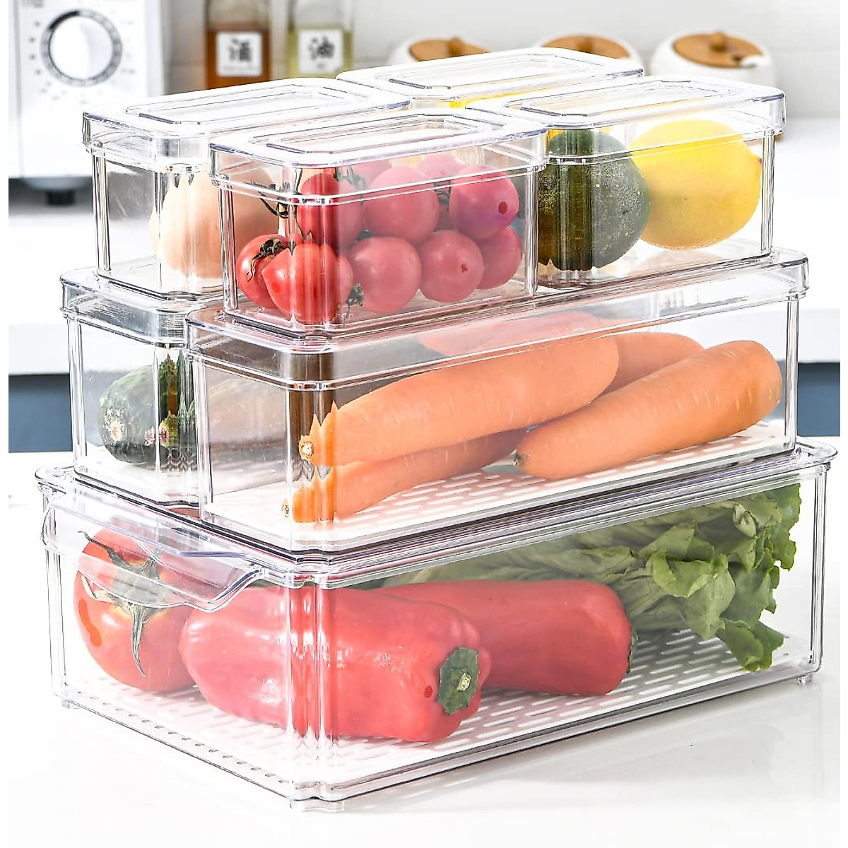Plexel Refrigerator Organizer Bins, Fridge Organizer, Clear Plastic Food Storage Containers, Contenedores Para Organizar Cocina, Pantry Organization And Storage, with Removable Drain Tray. (7)