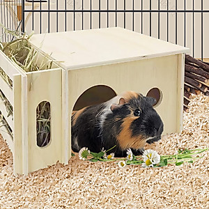 Acsist Guinea Pig Wooden Hideout with Hay Feeder Hamster Wood House Detachable Small Animal Hideouts for Chinchilla Dwarf Rabbit Hamster Hut Hedgehog