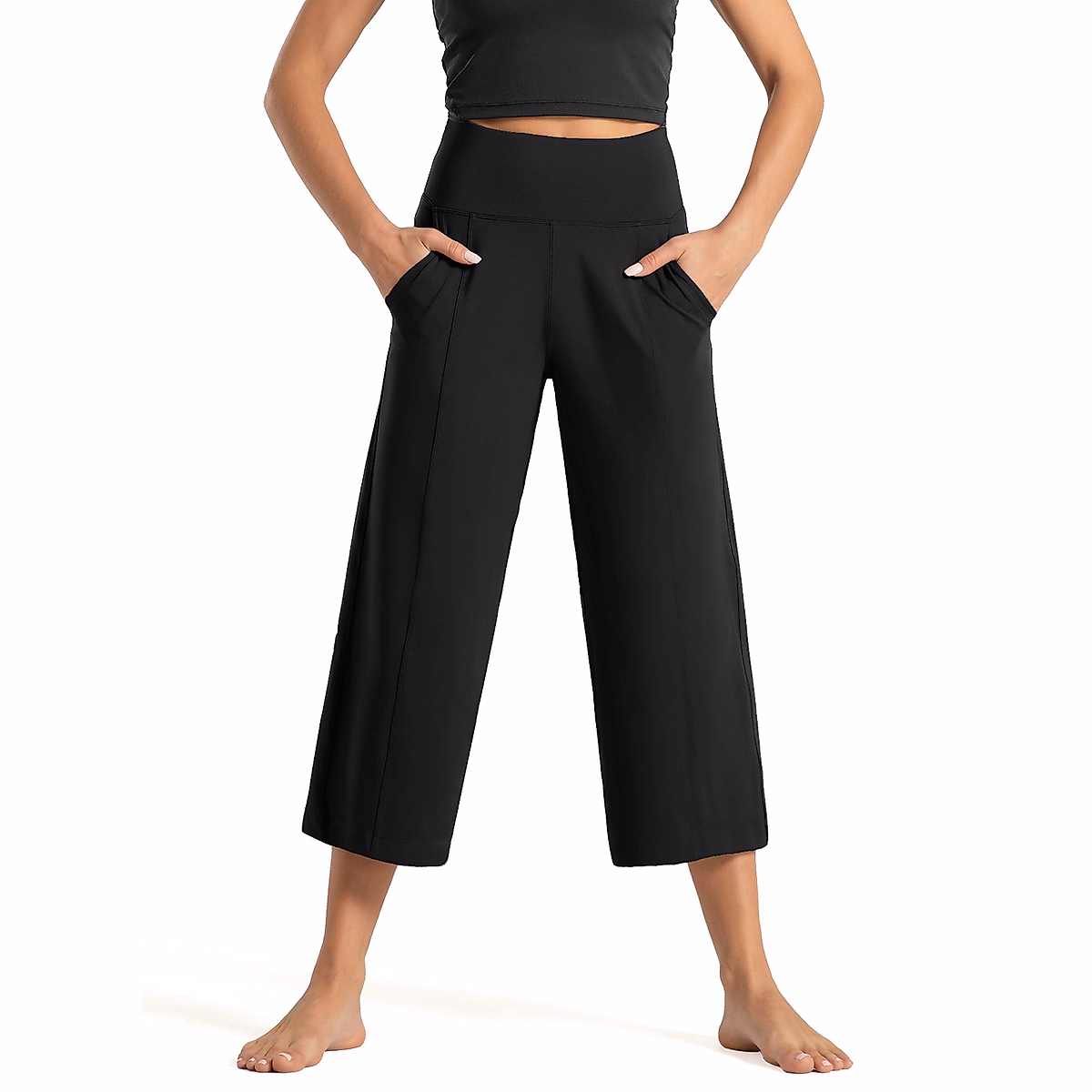 Tmustobe Womens Lounge Yoga Capris Pants Bootleg Tummy Control High Waist Workout Flare Crop Pants with Pockets (Black, Small)