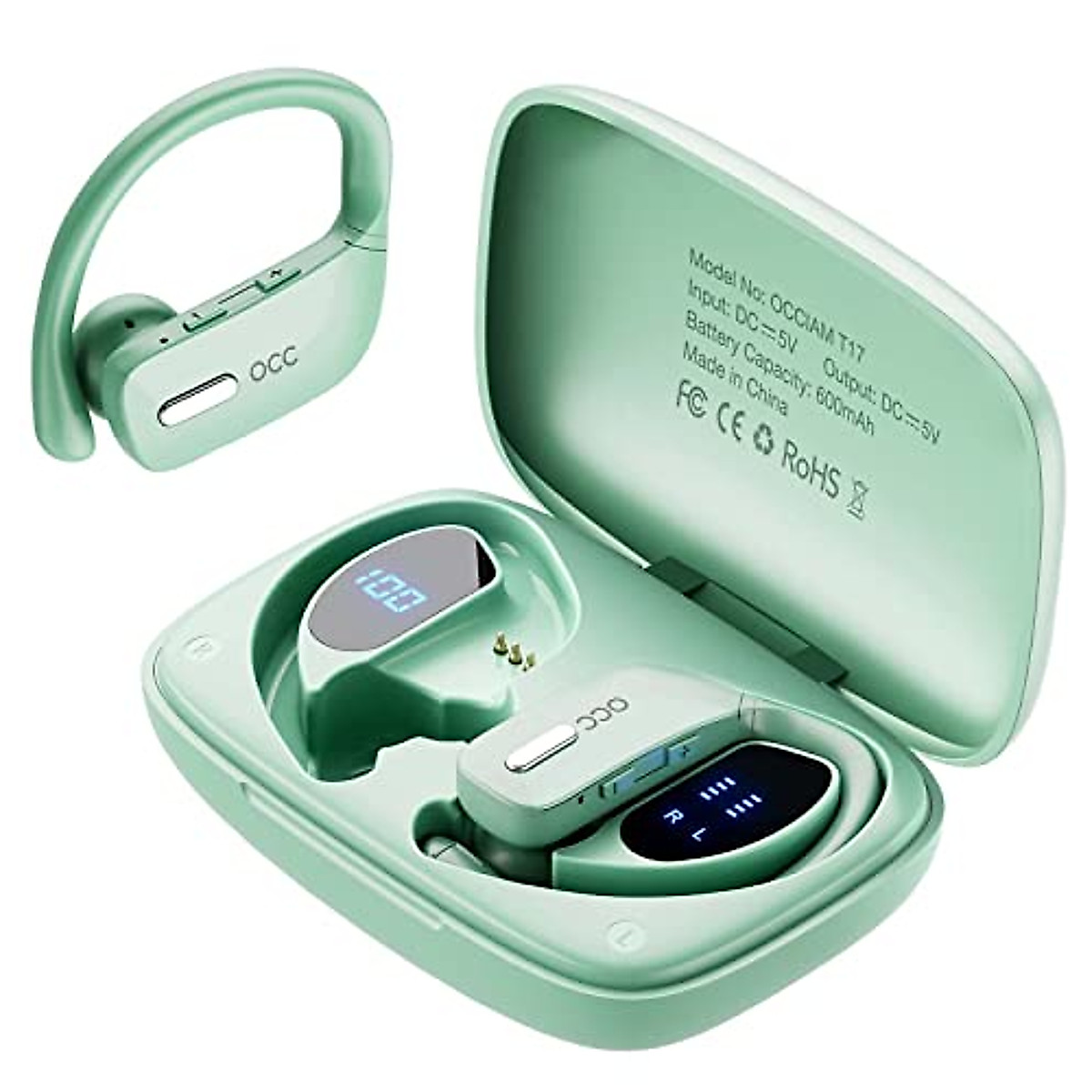 occiam Wireless Earbuds Bluetooth Headphones 48H Play Back Earphones in Ear Waterproof with Microphone LED Display for Sports Running Workout Green