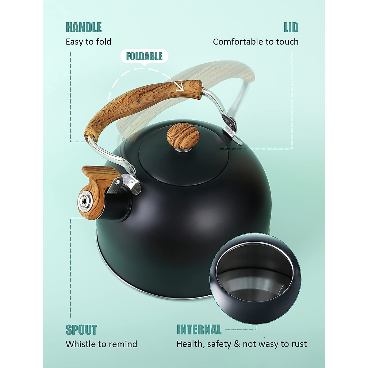 Tea Kettle, BELANKO 85 OZ / 2.5 Liter Whistling Tea Kettle, Tea Pots for Stove Top Food Grade Stainless Steel with Wood Pattern Folding Handle, Loud Whistle Kettle for Tea, Coffee, Milk - Black