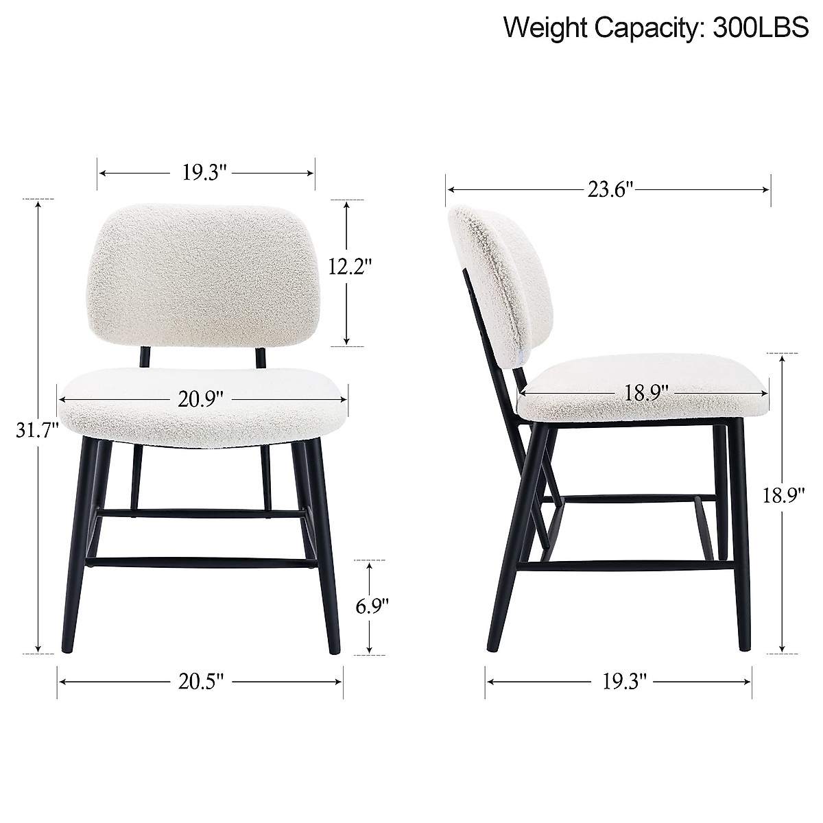 ONEVOG Mid Century Modern Dining Room Chairs, Sherpa Kitchen Chairs with Curved Back, Ivory White Chair, Upholstered Wide Seat, Comfortable Dinner Chairs Set of 2, Balck Metal Legs