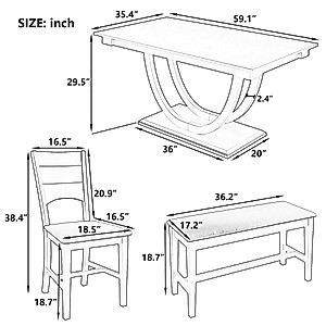 Wood Half Round Dining Table Set, Modern 6-Piece Kitchen Table Set with Long Bench and 4 Dining Chairs, Padded Chairs & Bench Set of 6, Half Round Legs Dining Table (Natural+beige,Half Round Legs)