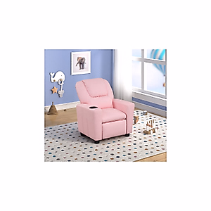 HomeStock Timeless Trends PU Leather Kids Recliner Chair with Cup Holder, Black Plastic Legs, and Non-Removable Cushions, Pink Recliner Chair for Children