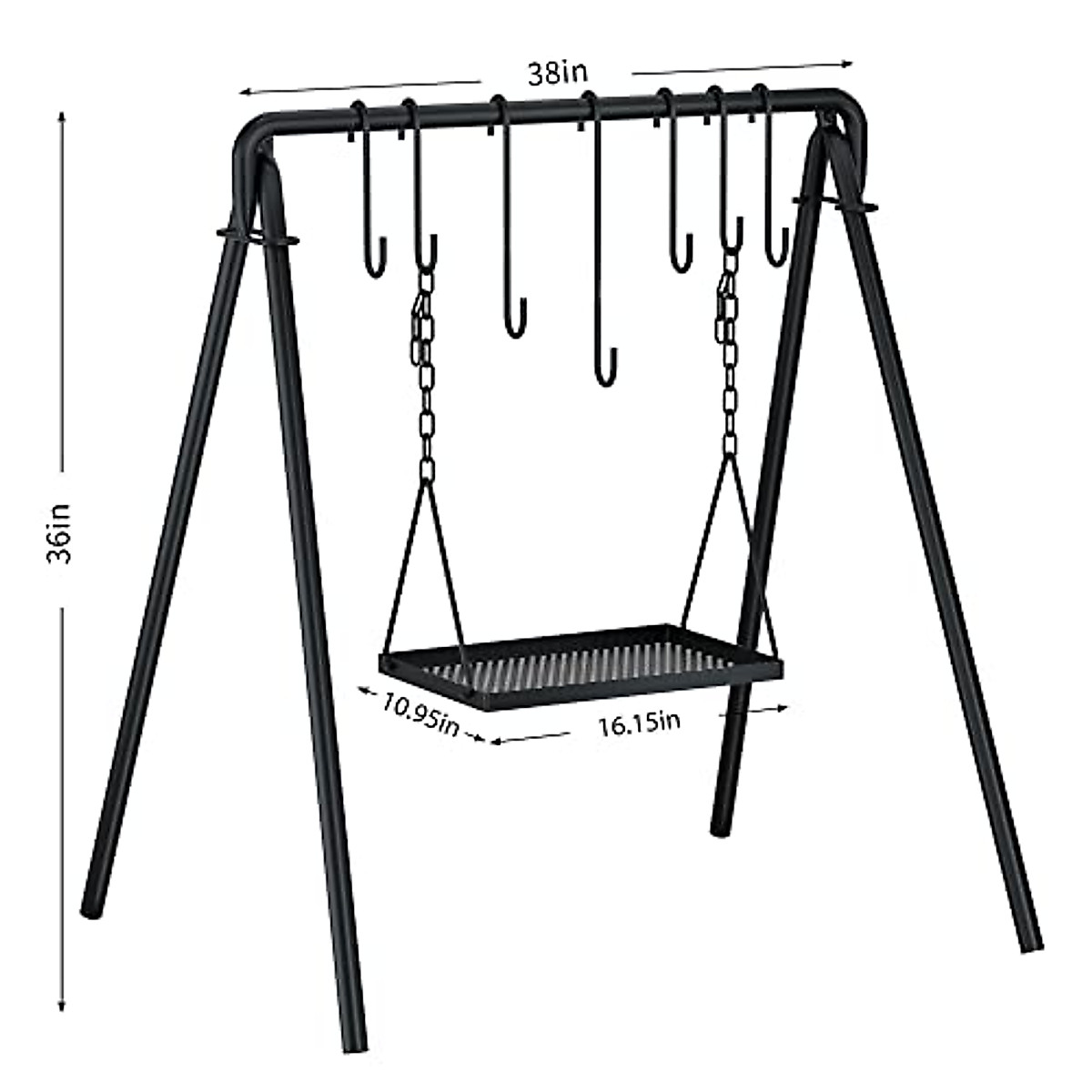 38" Grill Swing Large Campfire Grill Stand w/6 Hooks Cast Iron BBQ Grill Campfire Cooking Stand Cookware Hanging Rack Outdoor Picnic Camping Bonfire Party Barbecue Set for Cookware & Dutch Oven