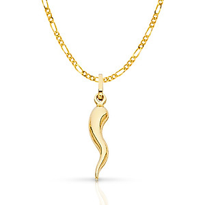 14K Yellow Gold Cornicello Italian Horn Necklace Good Luck Charm Pendant with 1.9mm Figaro 3+1 Chain - 16"