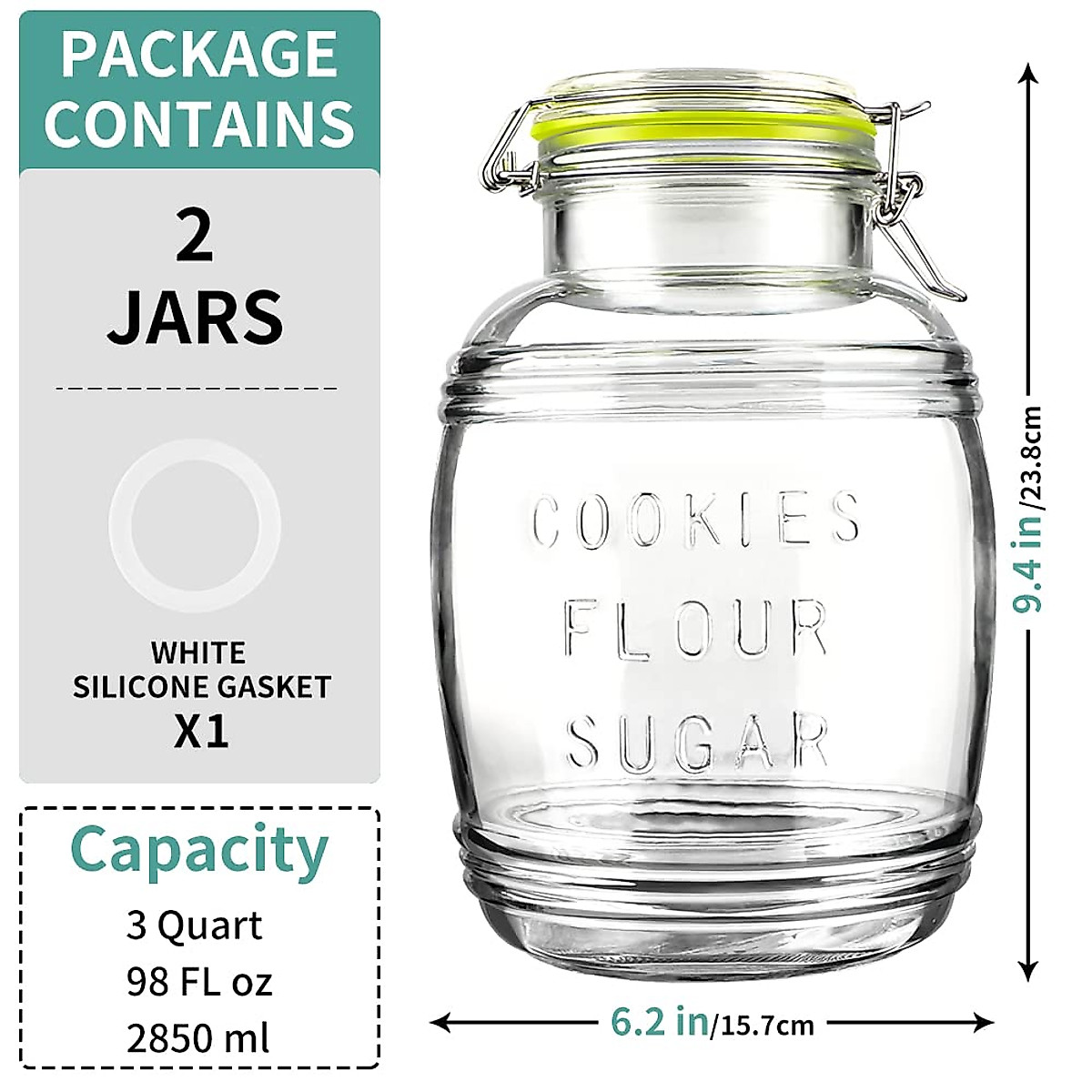 Qianfenie 98 oz Glass Jars with Lids - Glass Storage Jars, 3 Quarts Barrel Jars with Airtight Lids for Kitchen Canisters, 2 Pack