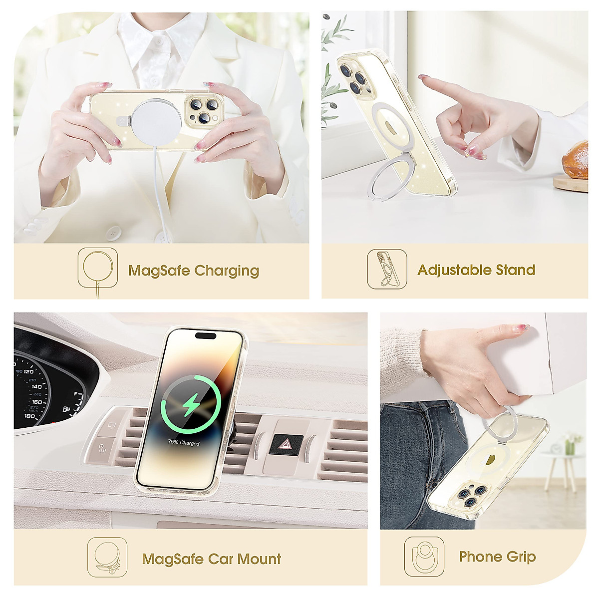 CASEKOO Genuine Official for iPhone 13 Pro Max Case with Magnetic Ring Stand [Compatible with MagSafe] [16FT Military-Grade Protection] Shockproof Twinkle Star Phone Grip Cover 6.7'', Sparkle Glitter