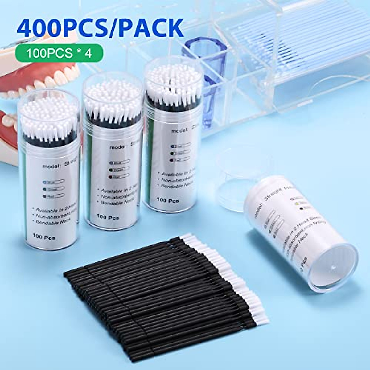 400 Pcs Disposable Dental Micro Applicators Fluoride Applicator with Dispenser, Black Bendable Applicator Brush Microbrush Applicator Tips Dental
