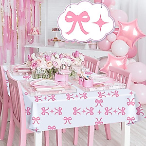3 Pcs Pink Bow Table Cloth Rectangle Table Party Supplies Bow Theme Disposable Plastic Table Covers Waterproof Coquette Birthday Decorations for Women Girls Bridal Baby Shower Bachelorette Party Decor