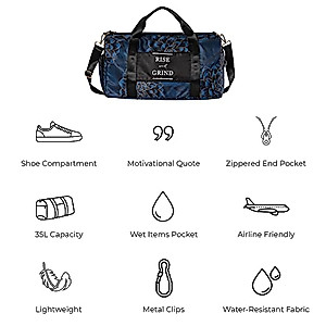 Gym Bag for Women with Shoe Compartment and Wet Pocket | Durable Lightweight Gym Duffle Bag with Motivational Quote and Graphic Designs | Great for Exercise and Overnights | Teal/Black - Dahlia Flower