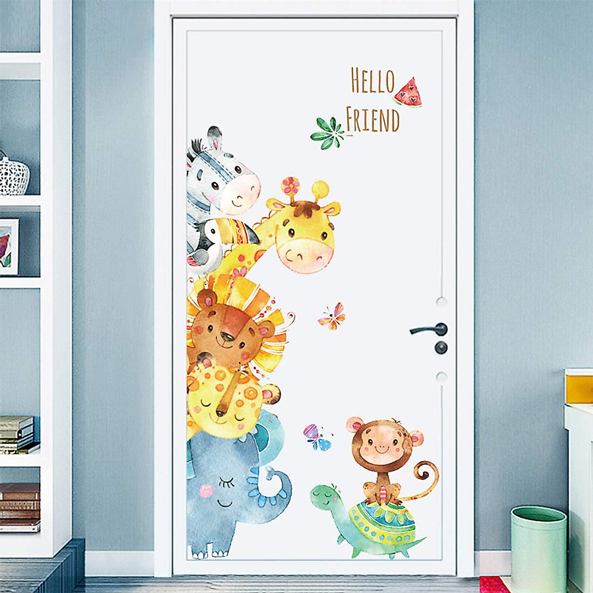 Cute Cartoon Animal Door Sticker Giraffe Elephant Wall Decals for Kids Rooms Bedroom Wardrobe Door Nursery Decoration