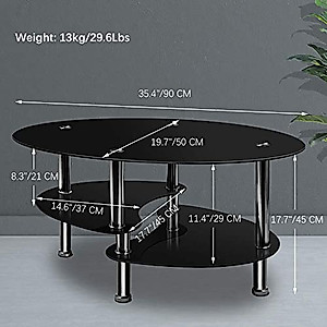 Nidouillet 3 Tier Tempered Glass Table with Glass Shelves and Stainless Steel Legs, Oval-Shaped Coffee Table Living Room Home Furniture 35.4" x 19.7" x17.7 (L x W x H)- Black AB026