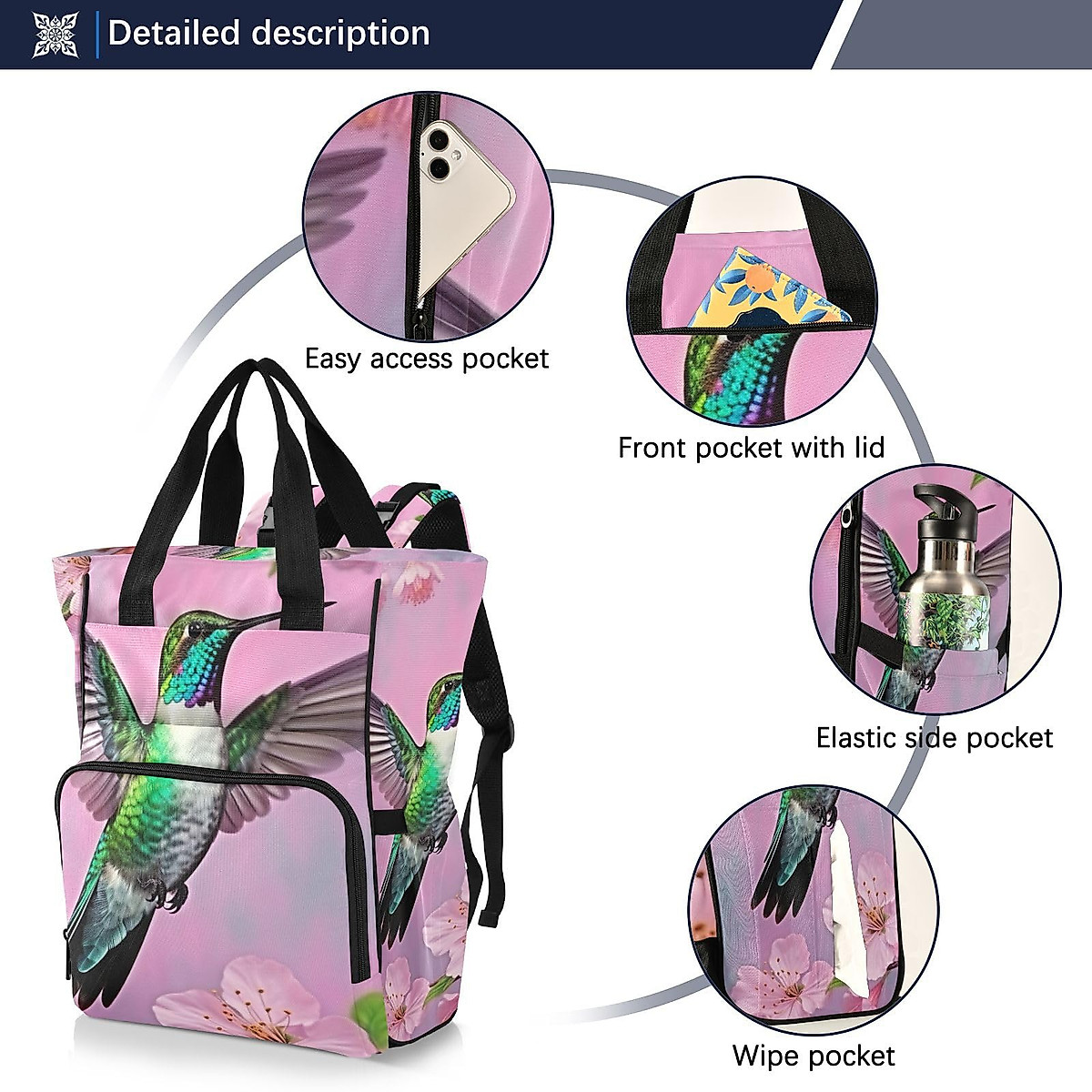 xigua Bird Hummingbird Diaper Bag Backpack Multi Function Baby Changing Bags Waterproof Large Capacity Travel Back Pack for Mom Dad