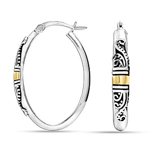 LeCalla 925 Sterling Silver Bali-Style Hoop Earrings Jewelry Lightweight Two-Tone O Shape Antique Bali Hoop Earrings for Women - 30MM