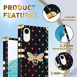 Loheckle for Square iPhone XR Case, Designer Retro Luxury Cases for Women with Ring Stand Holder and Lanyard, Stylish Bee Cute Cover for iPhone XR 6.1 Inch