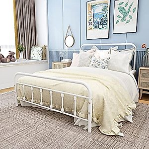 Kefair Full Size Metal Bed Frame with Headboard, Iron Mattress Foundation No Box Spring Needed,10.6 Inch Under Bed Storage, Noise Free, Easy Set Up（White