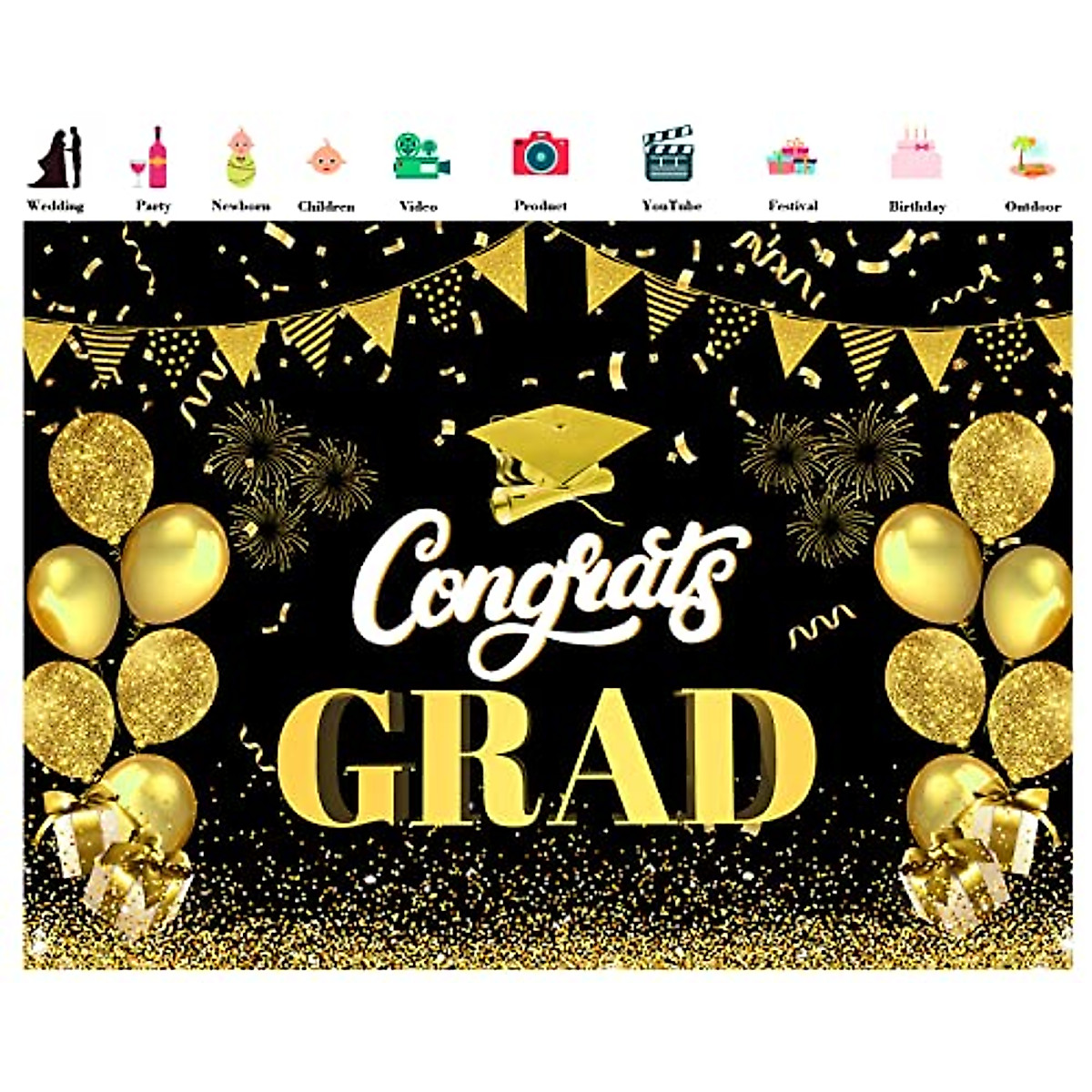 HVEST Congrats Grad Backdrop Black and Gold Balloon Class of 2023 Photography Background for Graduation Party Decorations Graduation Banner Cake Table Decor Photo Booth Props,7x5ft
