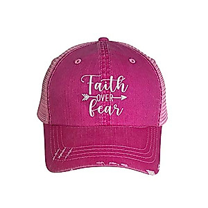 DSY Lifestyle Faith Over Fear Embroidered Distressed Trucker Hat -Frayed Bill Mesh Back Cap (Black)