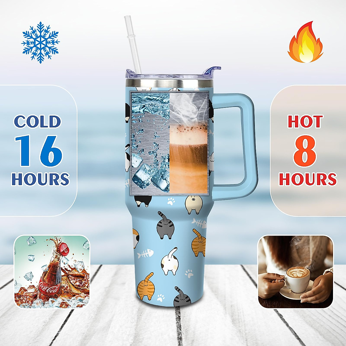 30 oz Cat Tumbler with Handle and Straw, Cat Butts Stainless Steel Vacuum Insulated Travel Coffee Mug Cup Water Bottle, Cat Stuff Accessories Decor, Cat Lover Gifts for Women Girls