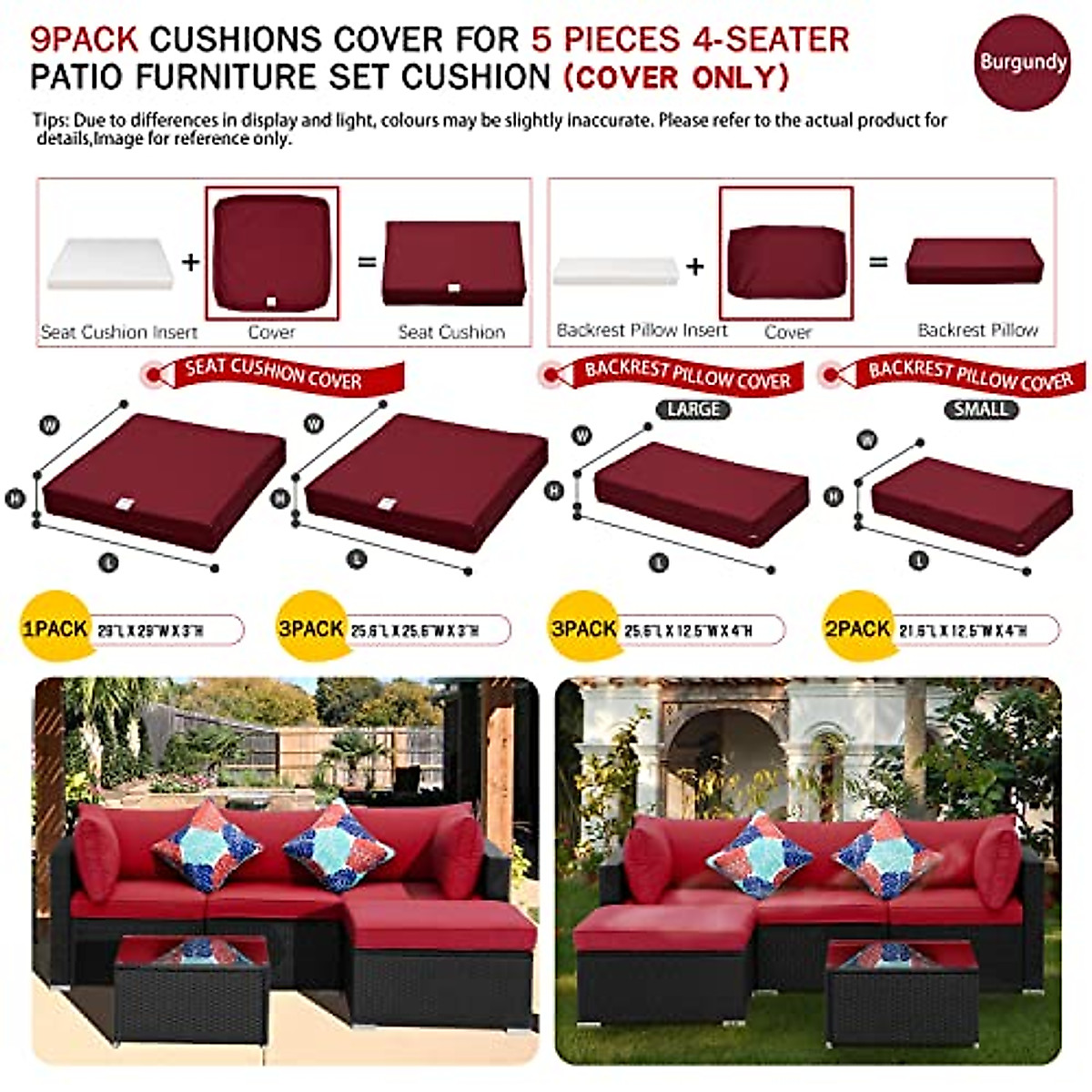 9 Pack Outdoor Patio Cushions Pillows Replacement Covers Fit for 5 Pieces 4-Seater Wicker Rattan Furniture Conversation Set Sectional Sofa Chair,Water-Resistant Fadeless,Burgundy-Cover Only