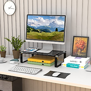 WALI Clear Computer Monitor Stand Riser,Tempered Glass Monitor Riser Heavy Duty 88lbs Monitor Stand for Desk for Laptop, Keyboard, Computer, Printer 5.7 X 9.4 inch (GTT006-B), Black