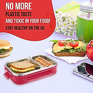 Signoraware Stainless Steel Bento Box Adult Lunch Box For Men, Women, Kids Bento Lunch Box Leak Proof Between 2 Compartments Meal Prep Containers Lunch Containers For Adults And Kids School Red