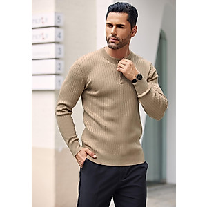 COOFANDY Men's Long Sleeve Knit Henley Shirts Casual Henley T-Shirts Lightweight Ribbed Sweater Khaki
